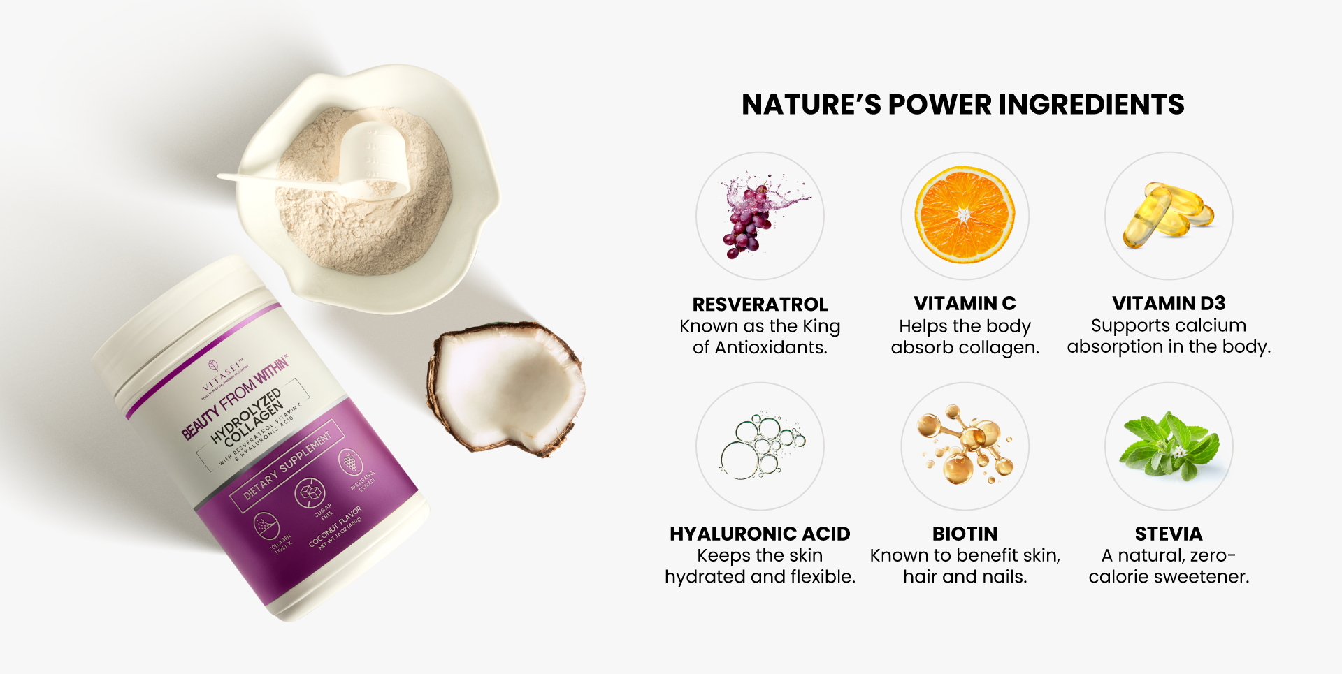 Coconut Collagen Peptides with Resveratrol and Hyaluronic Acid – vitasei