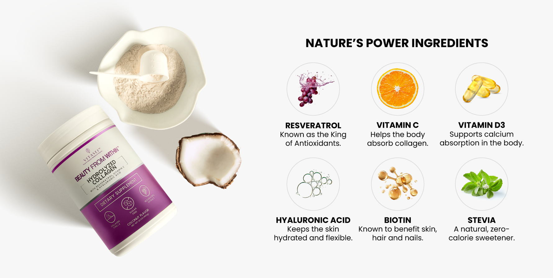 Coconut Collagen Peptides with Resveratrol and Hyaluronic Acid – vitasei